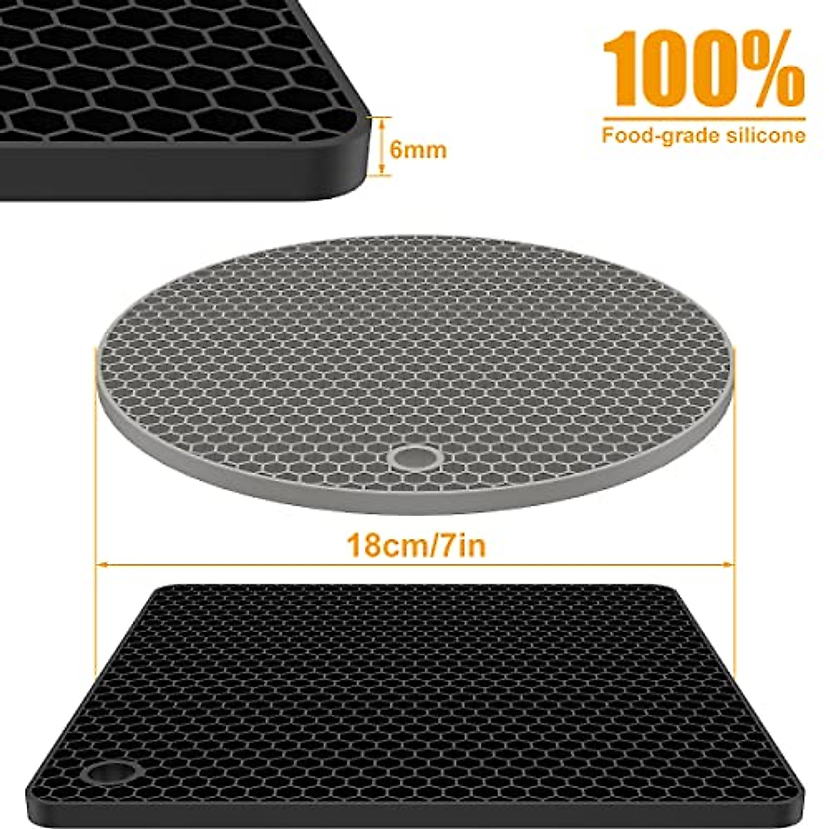 Y6S 4Pcs Silicone Trivet Mats Anti-Slip Square Round Hot Pads Heat-Resistant Hot Holders Spoon Dishes Rest Pad Easy to Wash and Dry BPA Free Dishwasher Safe for Kitchen Counter Y6S(Black and Gray)