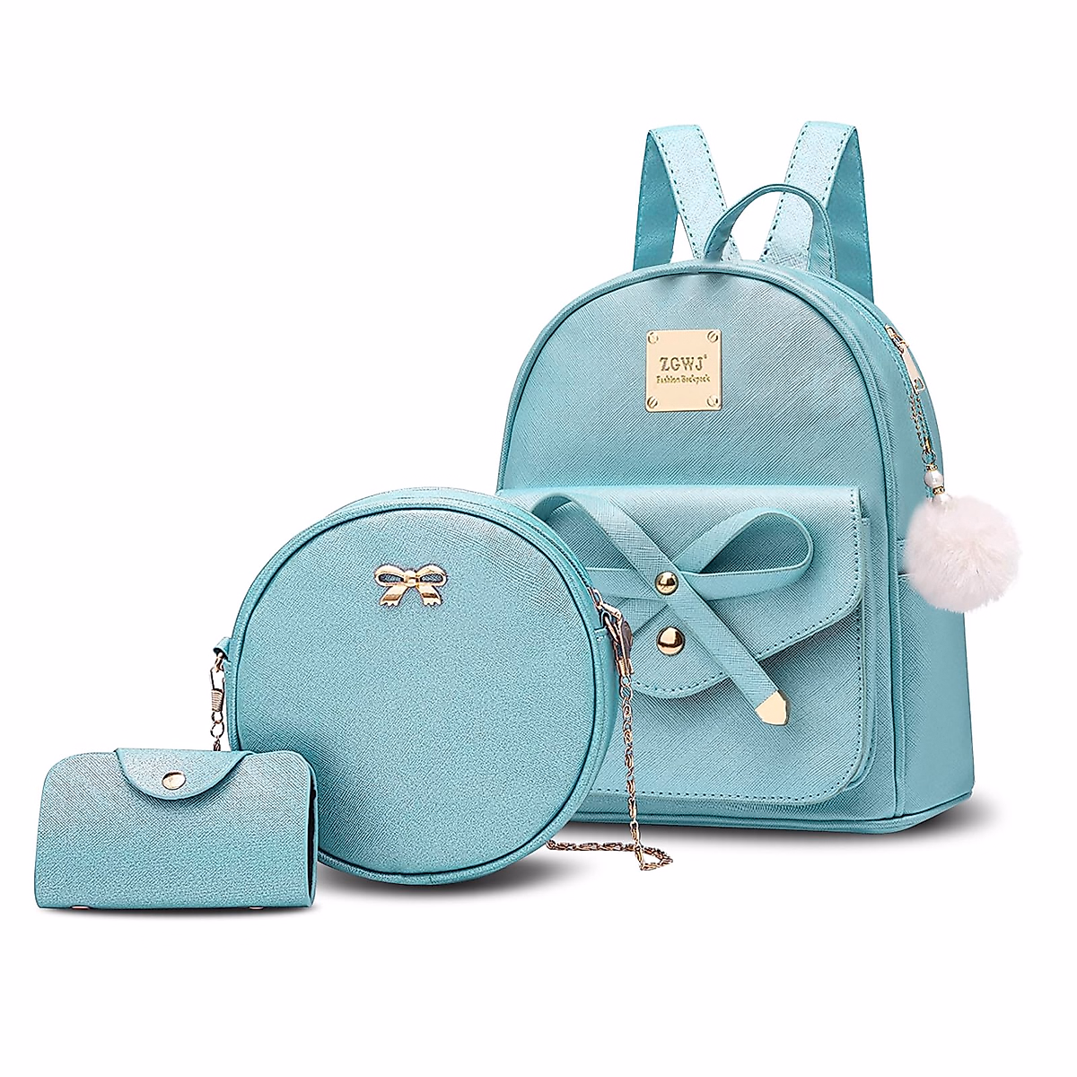Aogist Mini Leather Backpack Purse 3-Pieces Fashion Bowknot Zipper Bags Cute Casual Travel Daypacks for Women Pearl Blue