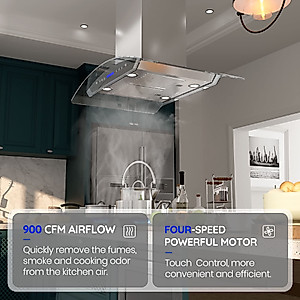 EKON KITCHEN EXPERT 36" Island Mount Range Hood, 900 CFM Ducted, 4 Speed Fan, Stainless Steel & Tempered Glass, NAIS01-36"