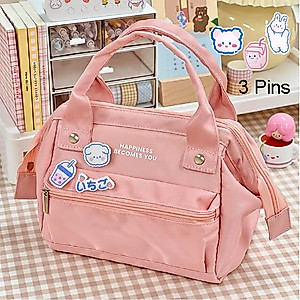 AONUOWE Kawaii Lunch Bag with Kawaii Pins Cute Aesthetic Lunch Bag for Women Girls Large Insulted Tote Bag Kawaii School Supplies (Pink,Small)