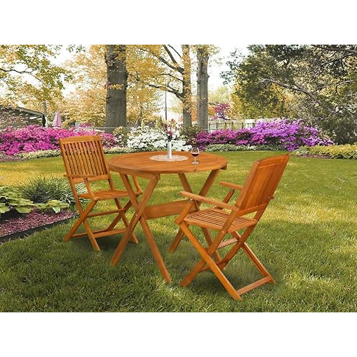 East West Furniture MNCM3CANA Marion 3 Piece Patio Bistro Outdoor Set Contains a Round Acacia Wood Coffee Table and 2 Folding Arm Chairs, 30x30 Inch, Natural Oil