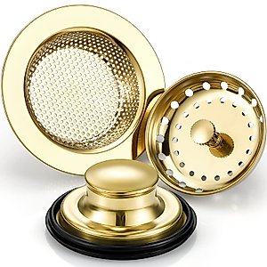 3 Pieces Kitchen Sink Stopper Strainer Garbage Disposal Plug, Stainless Steel Universal Anti-Clogging Filter, Sieve Basket Strainer, Wide Rim for Drain (Light Gold)