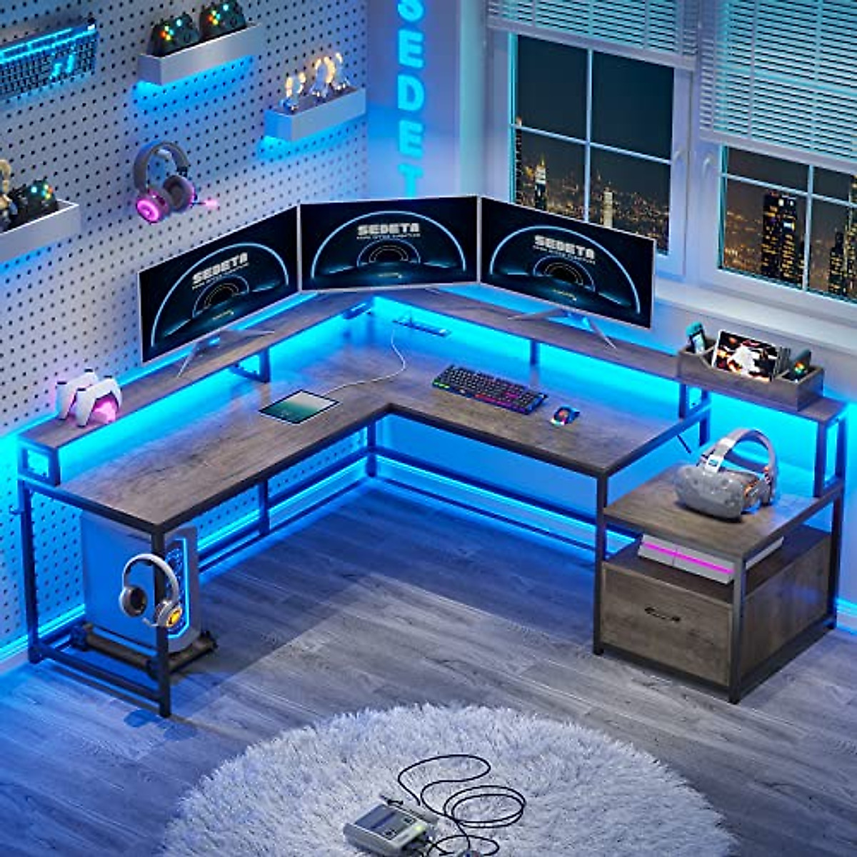 SEDETA L Shaped Desk, 66" Home Office Desk with File Drawer & Power Outlet, Gaming Desk with Led Lights, Corner Computer Desk with Monitor Shelf, Printer Storage Shelves, Two Person Desk, Grey