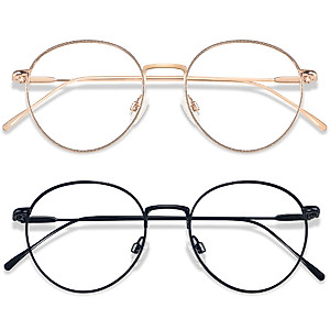 ANDWOOD Blue Light Blocking Glasses Women Men Small Face Computer 2 Pack Bluelight Blocker Super Lightweight Metal Frame Round