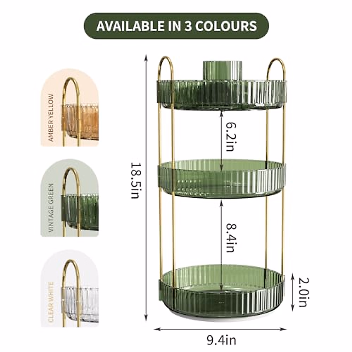 Vtopmart 360° Rotating Makeup Organizer for Vanity, Large Capacity Bathroom Countertop Skincare Organizer, Spinning Perfume Cosmetics Organizer for Dresser Countertop, 3 Tier Green