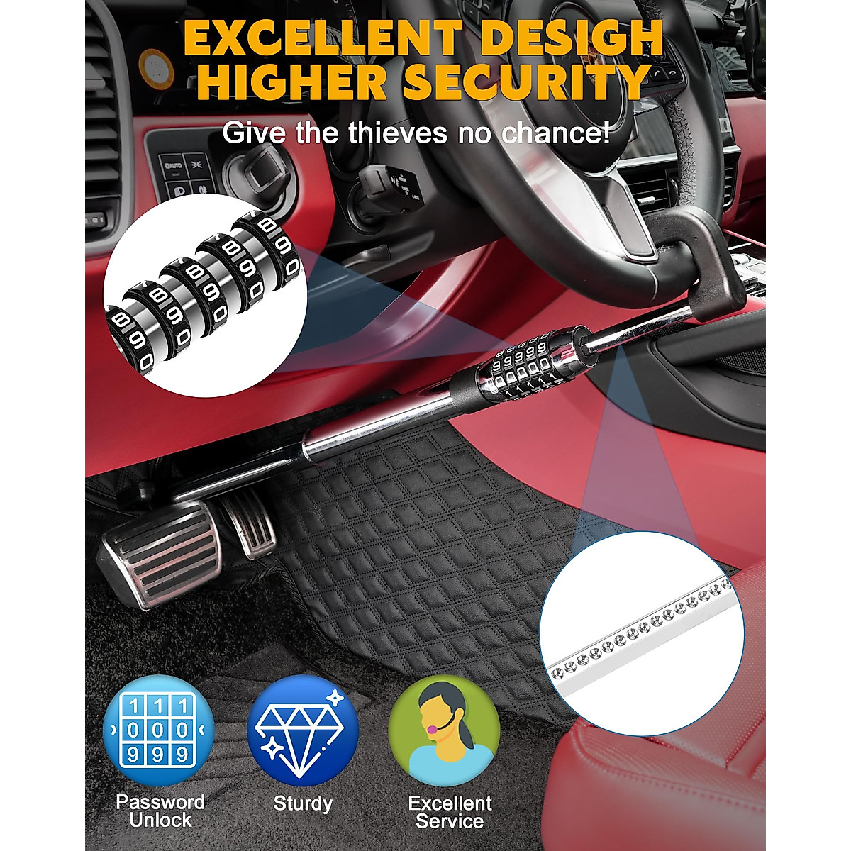 Tevlaphee Steering Wheel Lock Anti Theft Device Retractable Brake Pedal Lock Keyless Password 5 Coded Combination Anti Theft Car Security Device Heavy Duty Universal Fit for Vehicle Car Truck Van SUV