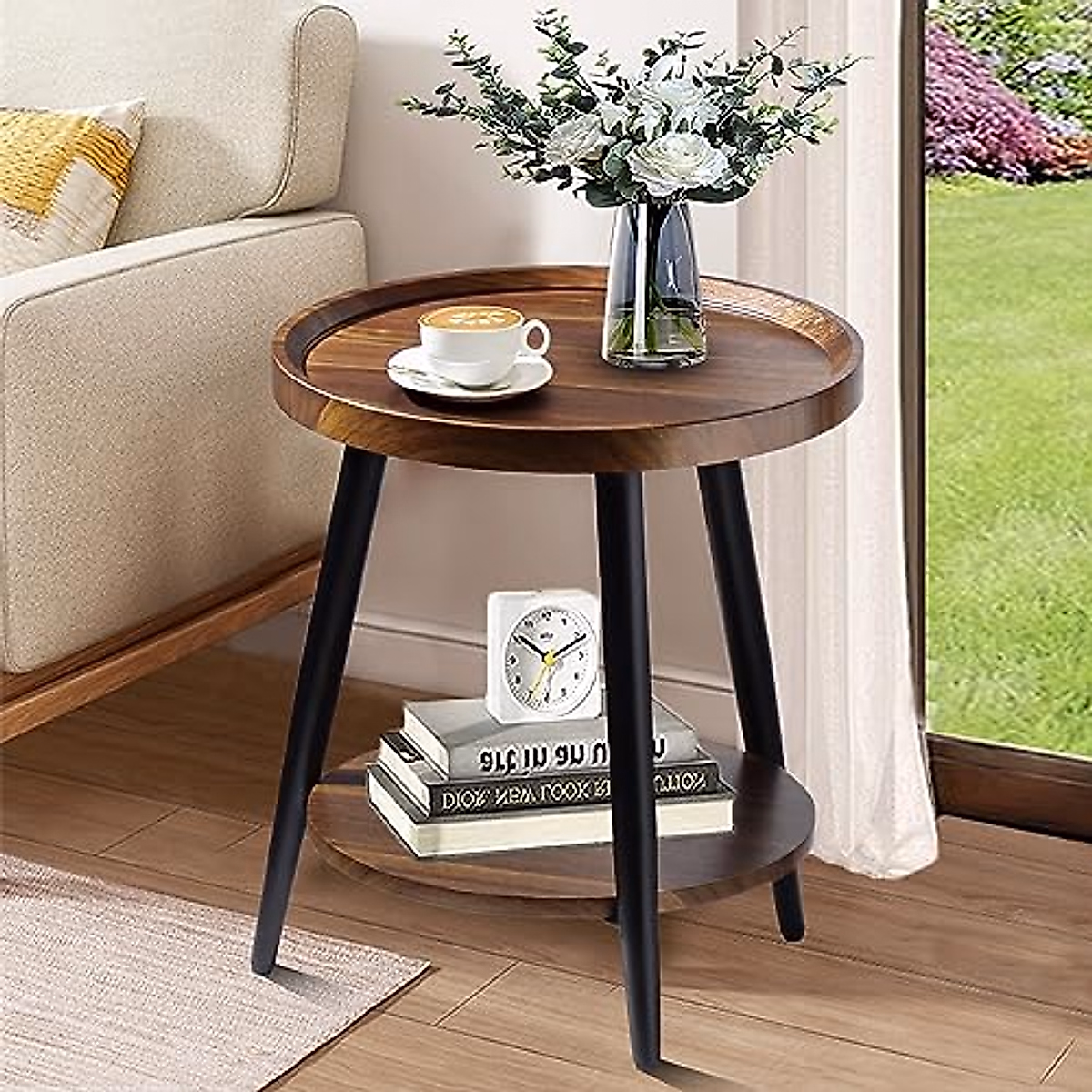 FANTERSI Small Round Side Table, 2-Tier Mid Century Modern Side Table, Round End Table Small Side Table for Living Room, Metal Frames, Brown