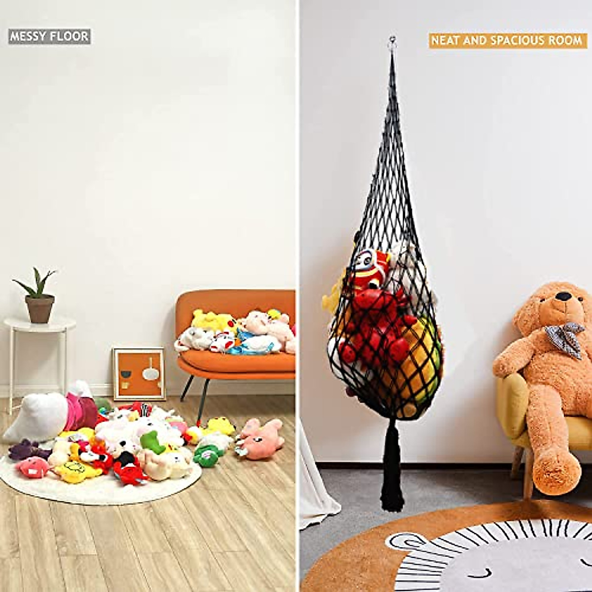 Large Toy Hammock Stuffed animal Net Macrame Plush Toy Display with One Hook for Corners, Walls and Ceiling Hanging Net stuff animal storage for kid room Bedroom Playroom