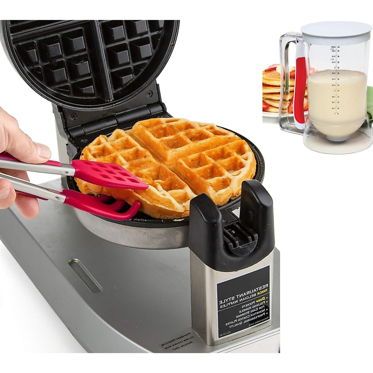 Waffles Batter Dispenser n Waffle Tongs Combo Set,Get Perfectly Fluffy Waffles Every Time! Batter Measuring Separator for Pancakes, Cupcake, Muffin Quick Filling Cookie Batter