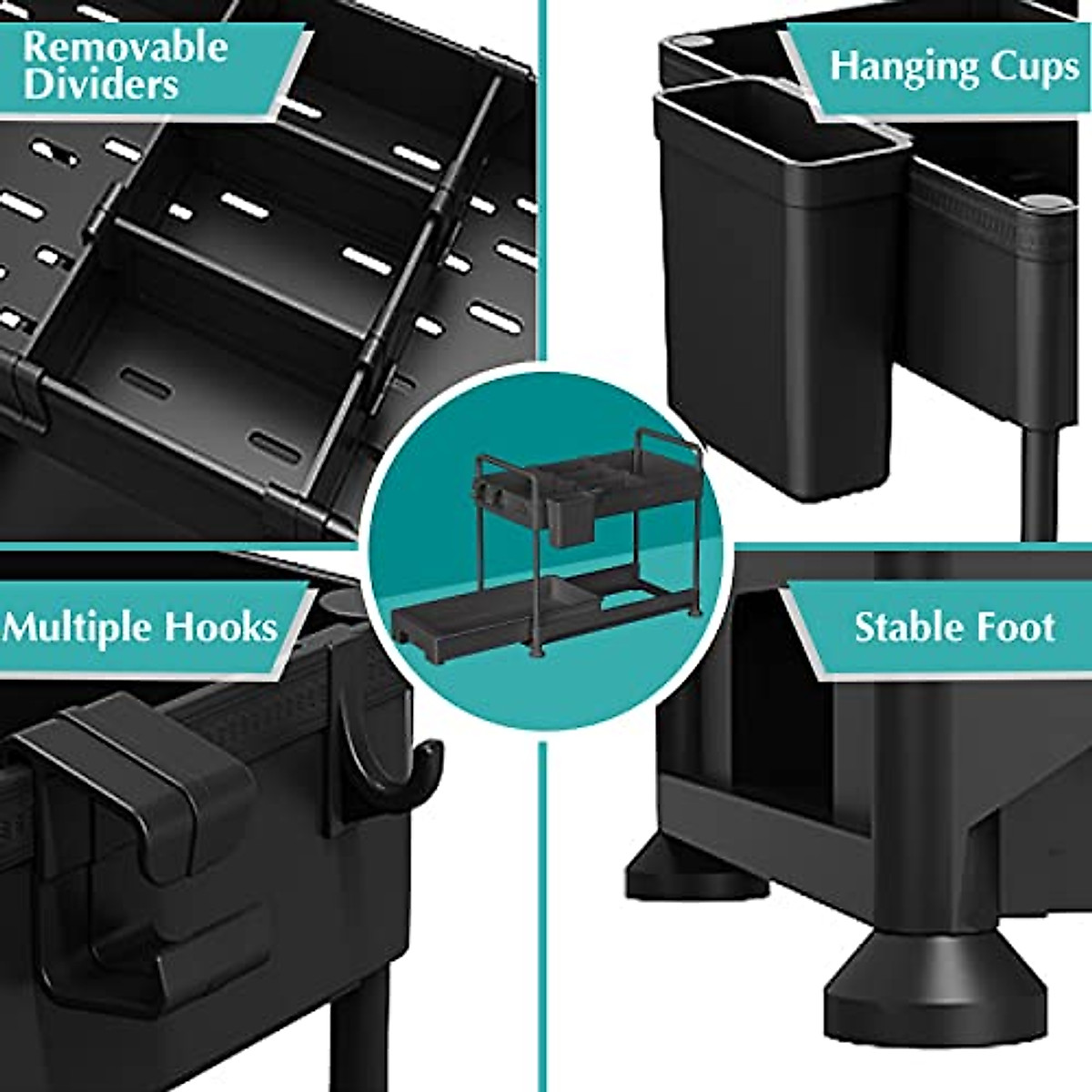 SAMODRA Under Sink Organizers and Storage, Kitchen Storage Rack 2 Tier Drawer Pull-able Cabinet Basket Organizer Bathroom Storage Rack with Hooks, DIY Removable Dividers -Black