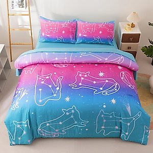 Podol 5 Pieces Gradient Cat Glitter Bedding Set for Girl Pink Blue Ombre Comforter Set Full Size Ultra Soft Bed in A Bag with 1 Comforter, 2 Pillowcases, 1 Flat Sheet, 1 Fitted Sheet
