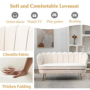 DWOYFO 59” Small Modern Chenille Loveseat Sofa, 2-Seater Sofa with Gold Metal Legs, Small Couch with Flower Shaped Back for Living Room Bedroom Office (Beige & Chenille)