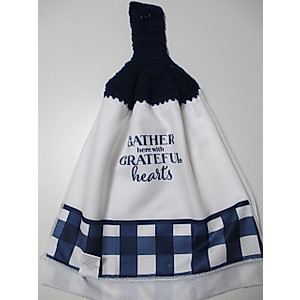 Crocheted FULL Towel Fall Gather Here With Grateful Hearts Kitchen Towel with Soft Navy Yarn