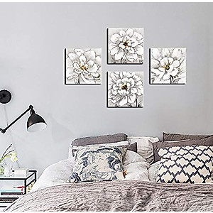 Flowers Wall Art Bathroom Wall Decor Abstract Botanical Picture Contemporary Wall Art Prints Bedroom Living Room Kitchen Office Home Decor Modern White Flower Canvas Artwork 12" x 12" x 4 Pieces