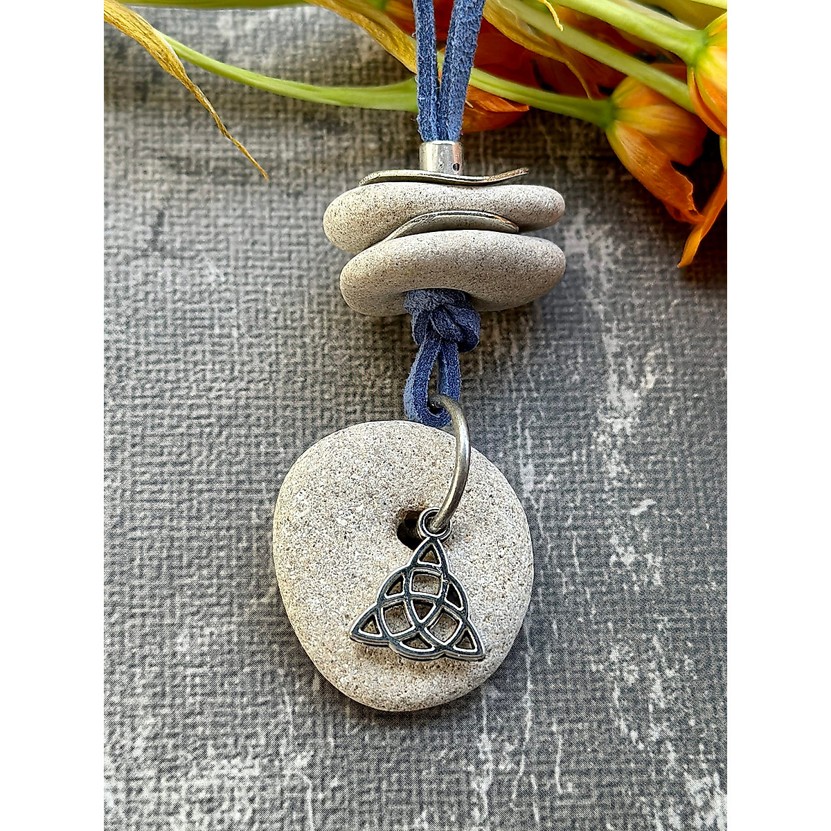 Celtic Knot Hag Stone Necklace, Trinity Holy Necklace with Natural Witches Amulet