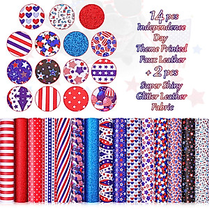 15 Pieces Labor Day American Flag Faux Leather Sheets Glitter Sequins Synthetic Leather Sheets DIY Faux Leather Fabric Making Earrings Bows DIY Crafts, 8.3 x 6.3 Inch (Classic Style)
