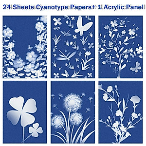 Sun Print Paper Kit Cyanotype Paper, 24 Sheets Cyanotype Papers with 1 Sheet Acrylic Panel, High Sensitive Nature Sun/Solar Activated Sun Printing Art Paper for Arts Crafts DIY Project