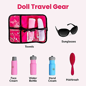 Beverly Hills Doll Collection 18 Inch Doll Accessories Play Travel Set - 16 Pcs Suitcase Luggage Carrier with Sunglasses, Passport, Tickets, Camera, and More, Doll Not Included