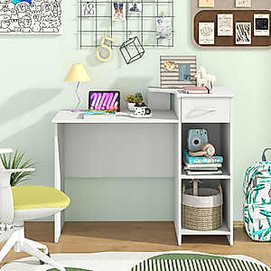 Giantex Computer Desk with Storage, Modern PC Laptop Table with 5-Position Adjustable Shelf, Drawer & Cable Hole, Compact Study Writing Desk Workstation for Small Spaces Home Office, White