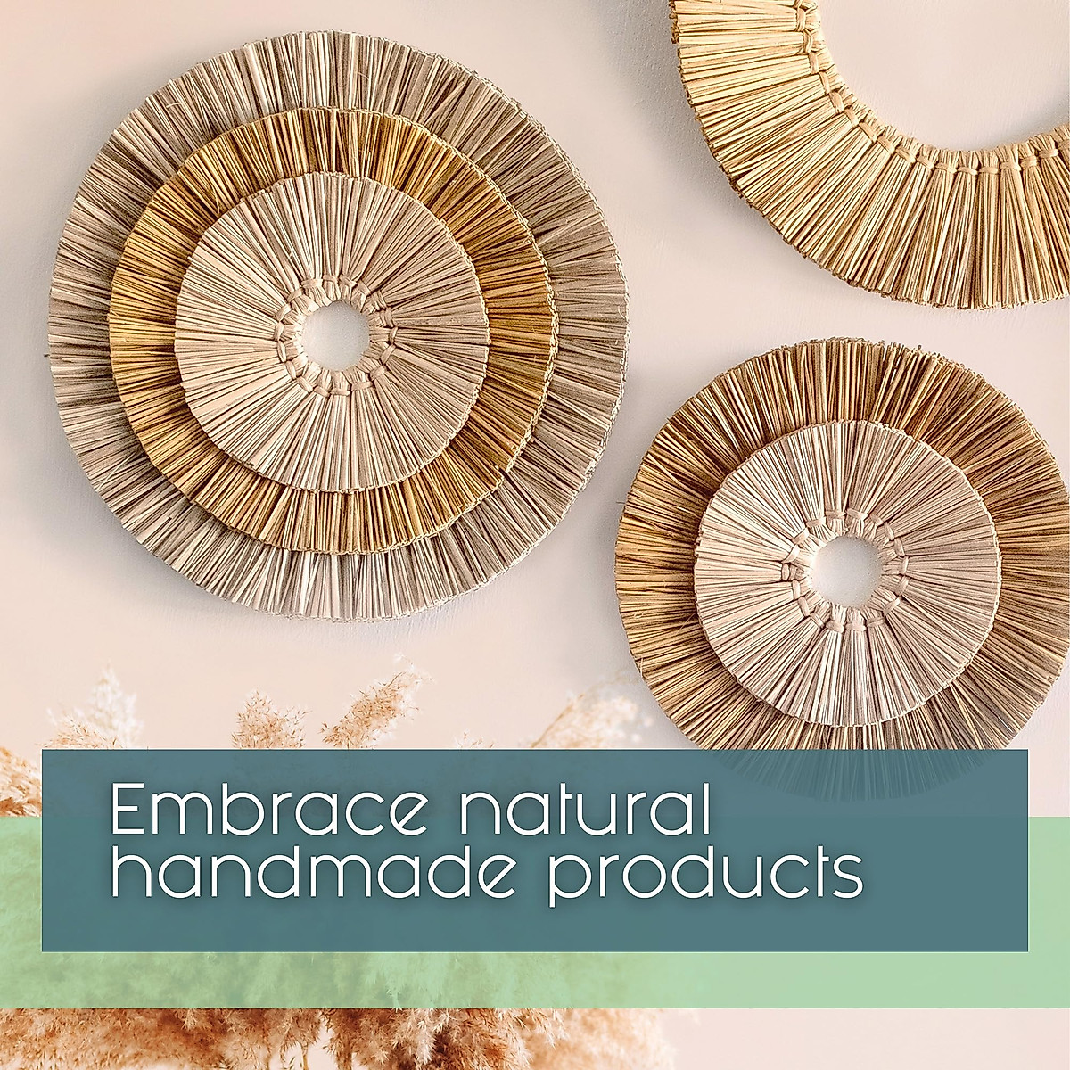 Maraa Wall Basket Decor Set of 4 Seagrass Baskets. Luxurious Wicker Wall Art for Bedroom, Living Room, Home Office - Boho, Farmhouse, Rustic Style Hanging Decorative Woven Wall Baskets