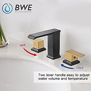 BWE Waterfall Bathroom Faucet Black and Brushed Gold 3 Holes 8 Inch Two Handles Vanity Bathroom Sink Faucet with Pop Up Drain Stopper and Supply Lines Square Bath Lavatory Mixer Tap