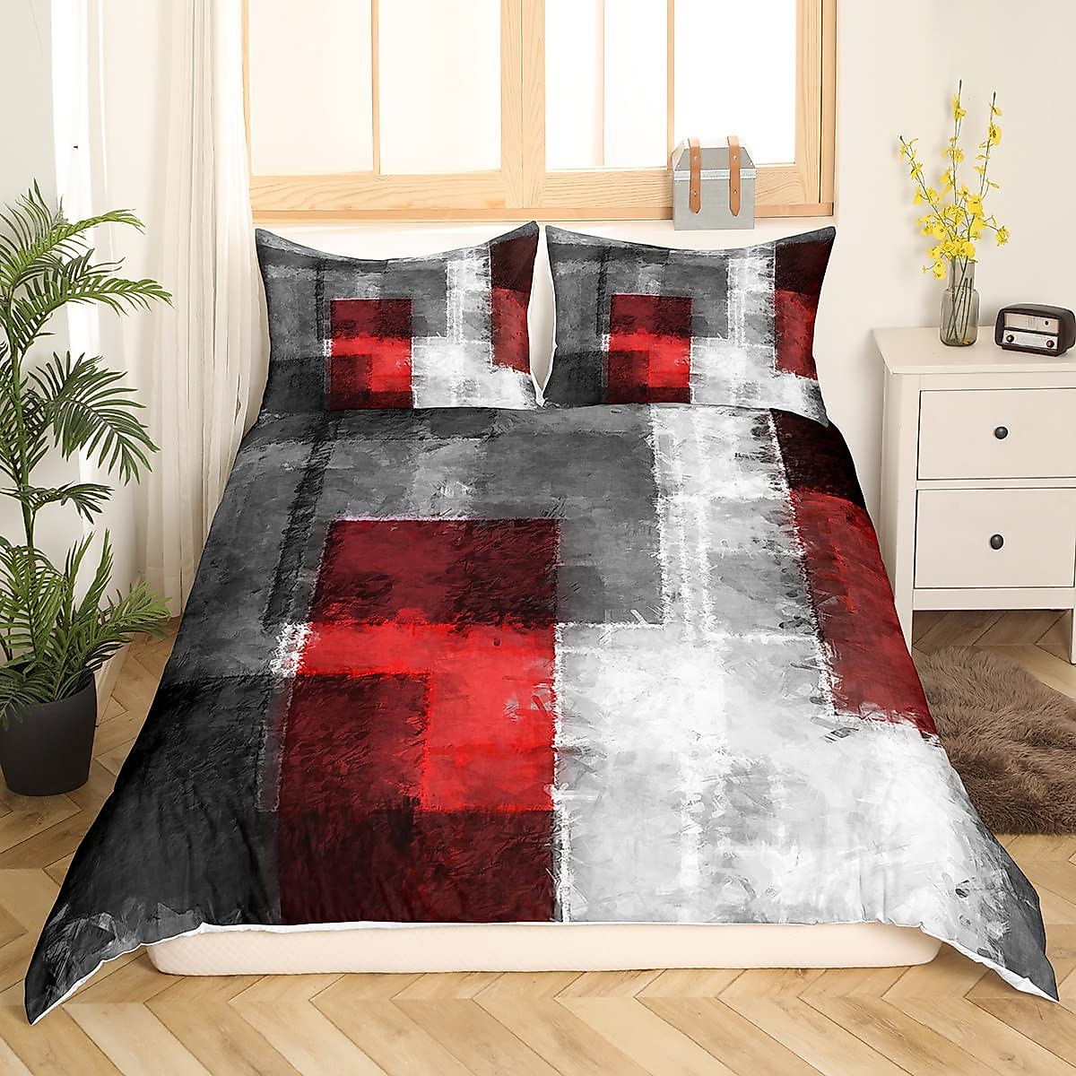 Art Graffiti Geomerty Comforter Cover,Red Grey White Rectangle Duvet Cover Set for Girls Teens Bedroom Gift,Abstract Geometric Painting Soft Bedding Set with 2 Pillowcases, Full Size (No Comforter)