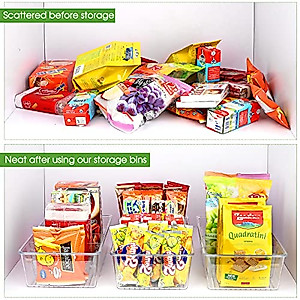 ZIZOTI 5 Pack Food Storage Organizer Bins Clear Plastic Removable Snack Organizer Pantry Organization Storage Racks with 3 Dividers, Kitchen, Cabinets Snacks, Packets, Spices, Pouches Stackable Bins