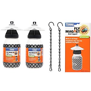 2 Pack of TERRO Fly Magnet, Reusable Fly Trap - Includes Two Fly Magnet Devices with 2 Bait Traps, 1 Pack of Refill with 2 Baits, and Two Heavy Duty 9.5 in Supply Hanging Chain