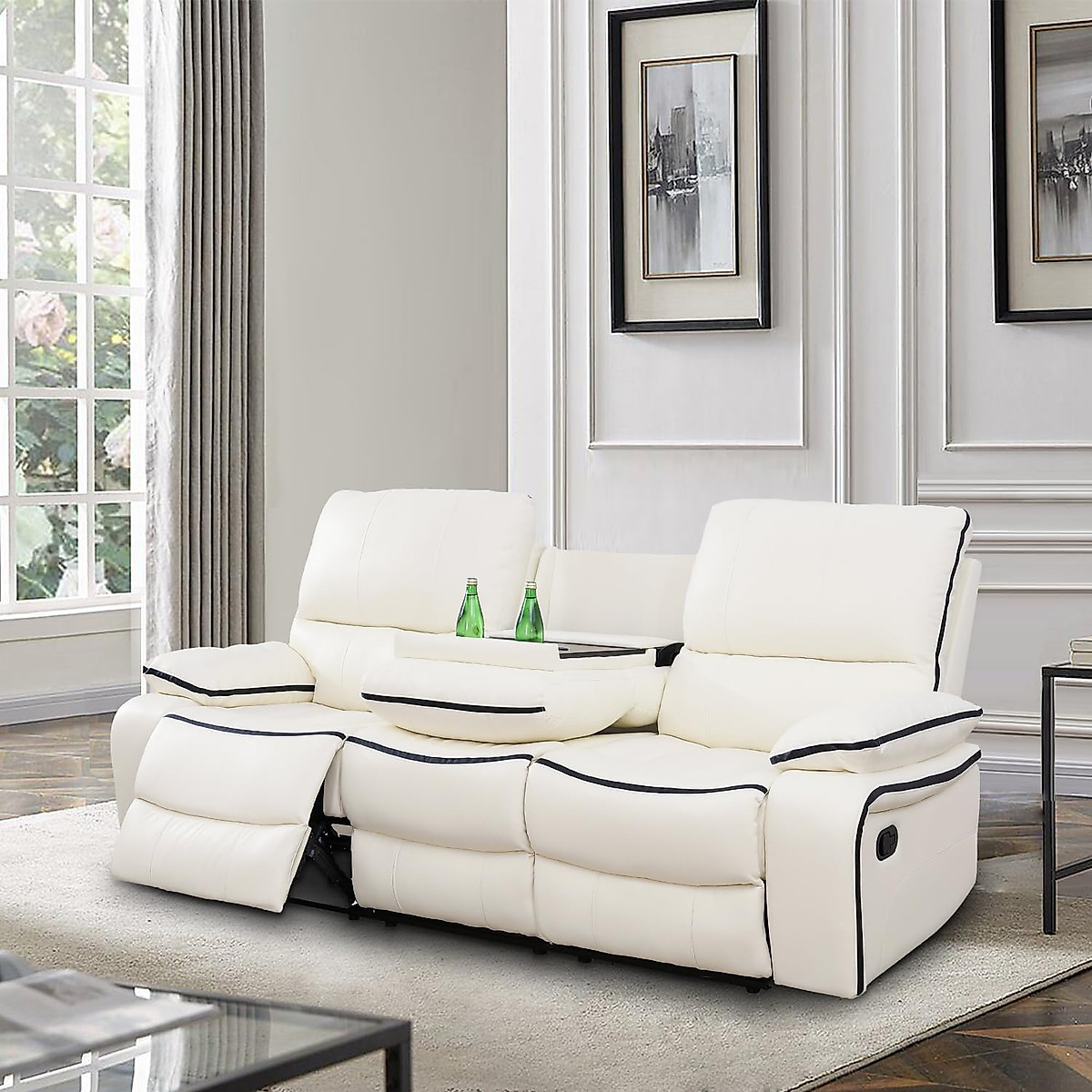 GEBADOL Manual Recliner Sofa Set, Bonded Leather Sofa with Reclining Seaters, Reclining Couch Set with Storage Console and Cup Holders for Living Room/Bedroom/Office/Apartment, Creamy-White