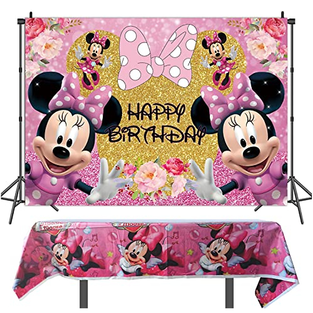 Pink Backdrop and Tablecloth for Girls Birthday Party Decorations Cartoon Birthday Party Photography Background Banner with Table Cover for Girls Party Supplies 5x3FT
