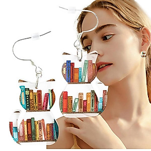 Cat Book Earrings for Women Acrylic Clear Dog Bookcase Earrings Rainbow Teacher Earrings Book Drop Dangle Earrings Graduation Teachers Day Jewelry Gifts (Cat)