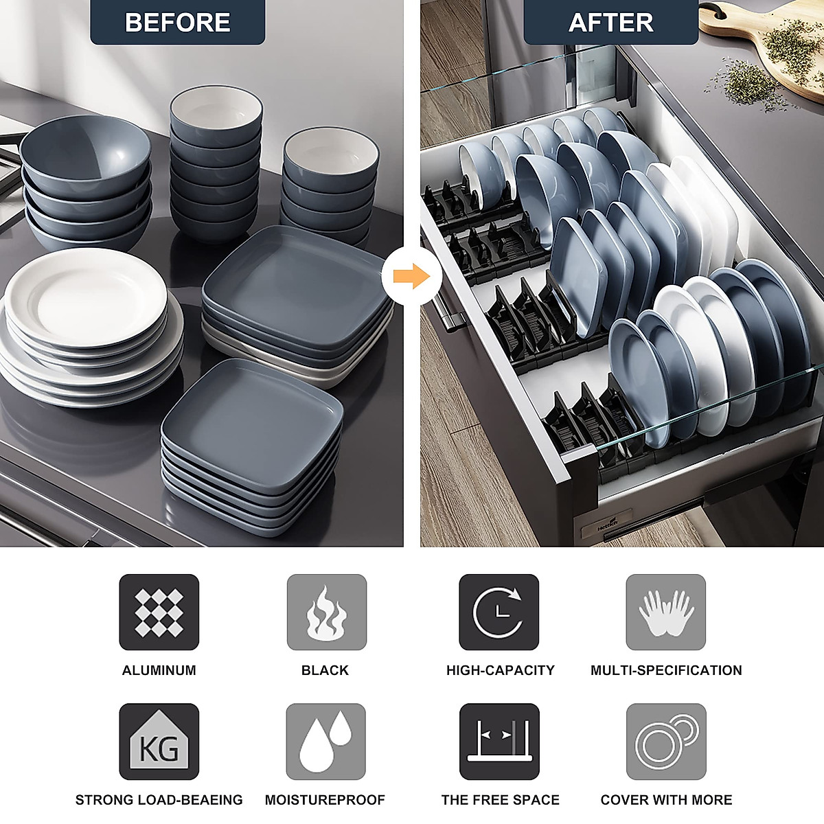 Maypott Dish Organizer Rack for Cabinet, Adjustable Plate Holder Small Dish Drying Racks, Under Sink Storage Countertop Mount with Removable Slots