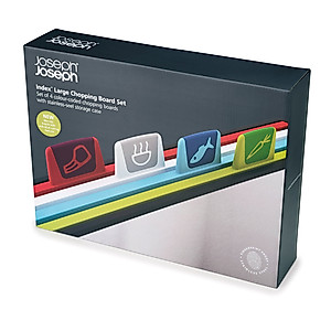 Joseph Joseph Index Plastic Cutting Board Set with Stainless Steel Storage Case Color-Coded Dishwasher-Safe Non-Slip, Large, Steel Multicolored