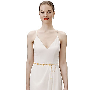 FIORETTO Concho Chain Belt for Women Oval Square Metal Waist Chain Western Belts for Dress Gold