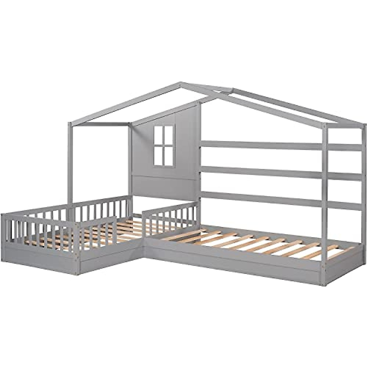 Harper & Bright Designs House Bed with Double Twin Beds, Wood L-Shaped 2 Platform Beds Roof ,Window,Fence and Slatted Design, Corner Playhouse Frame ,Montessori for Kids Girls Boys ,Grey