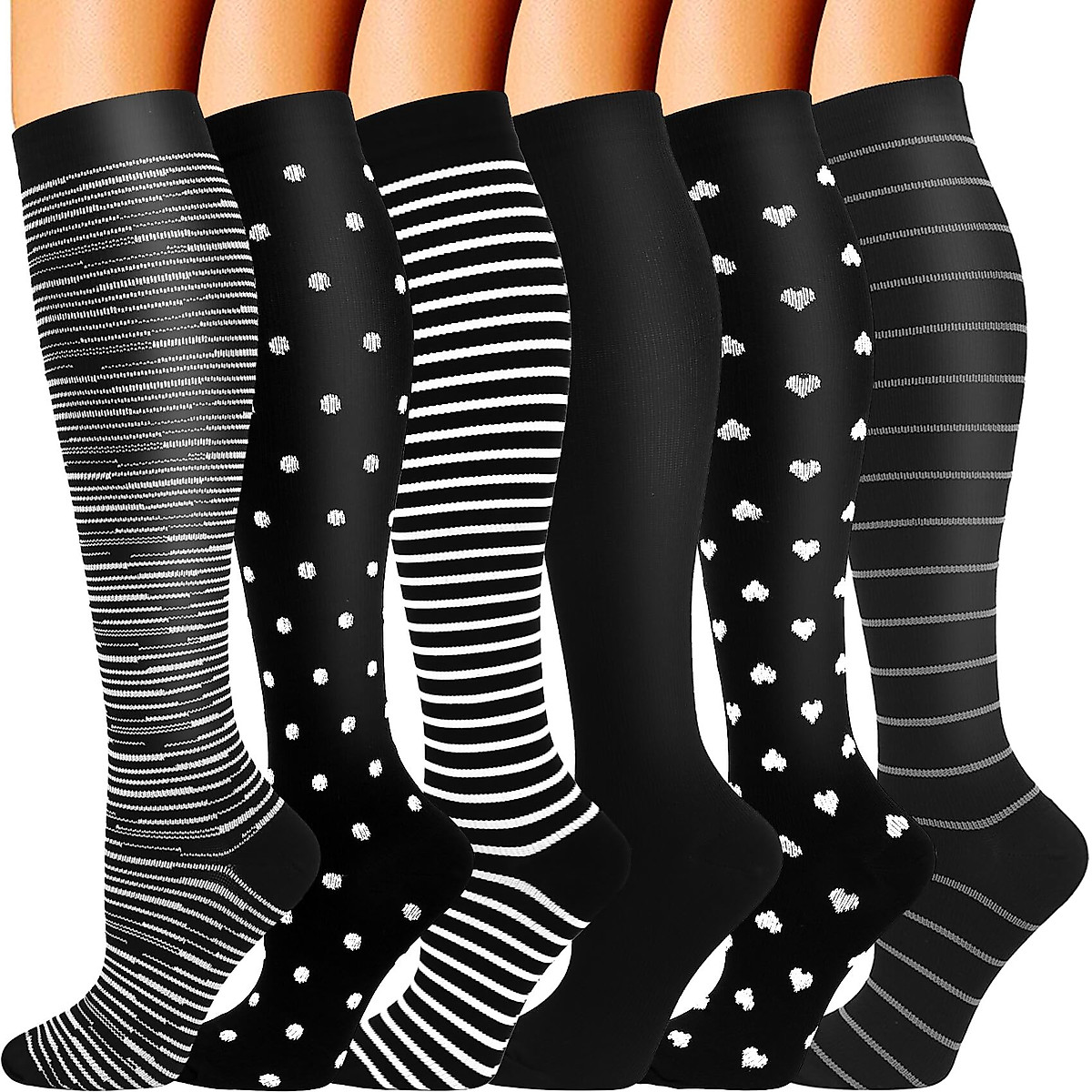 Double Couple 6 Pairs Compression Socks Women Men 20-30 mmHg Knee High Compression Stockings for Athletic Flight Travel Nurses Pregnancy