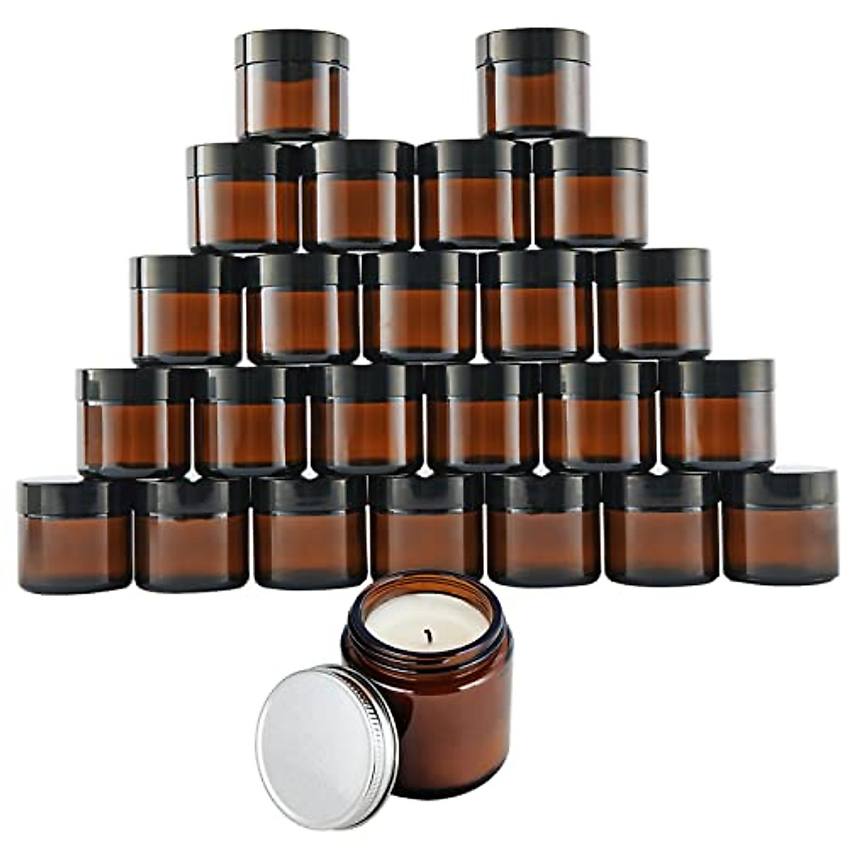 2 oz Amber Round Glass Jars (24 Pack & 48 Lids), Empty Cosmetic Containers with Inner Liners and 24 black Lids & 24 Silver Lids for Slime, Beauty Products, Cosmetic, Lotion, Ointments & DIY