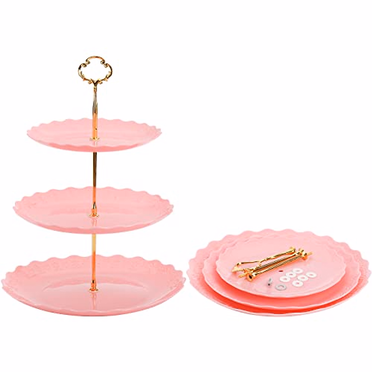 Tosnail 3 Pack 3 Tiers Pink Plastic Cupcake Stand Dessert Stand Tiered Serving Trays with 3 Styles Gold Rod, Party Serving Trays Fruit Pastry Holders for Wedding and Party - Heart and Flower Embossed