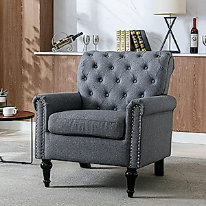 YISH W117081980 Modern Linen Accent Tufted Arm Chair with Thick Cushion and Wood Frame, Comfy Single Sofa with Armrest Backrest for Reading Bedroom Office Club, Dark Gray