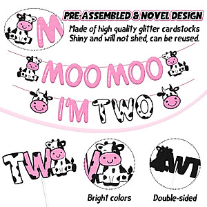 140 PCS Moo Moo Im Two Birthday Decorations Cow 2nd Birthday Banner Cow Two Cake Topper Balloon Sticker for Two Years Old Girl Boy Holy Cow Theme Party Supplies Glitter Pink Decoration