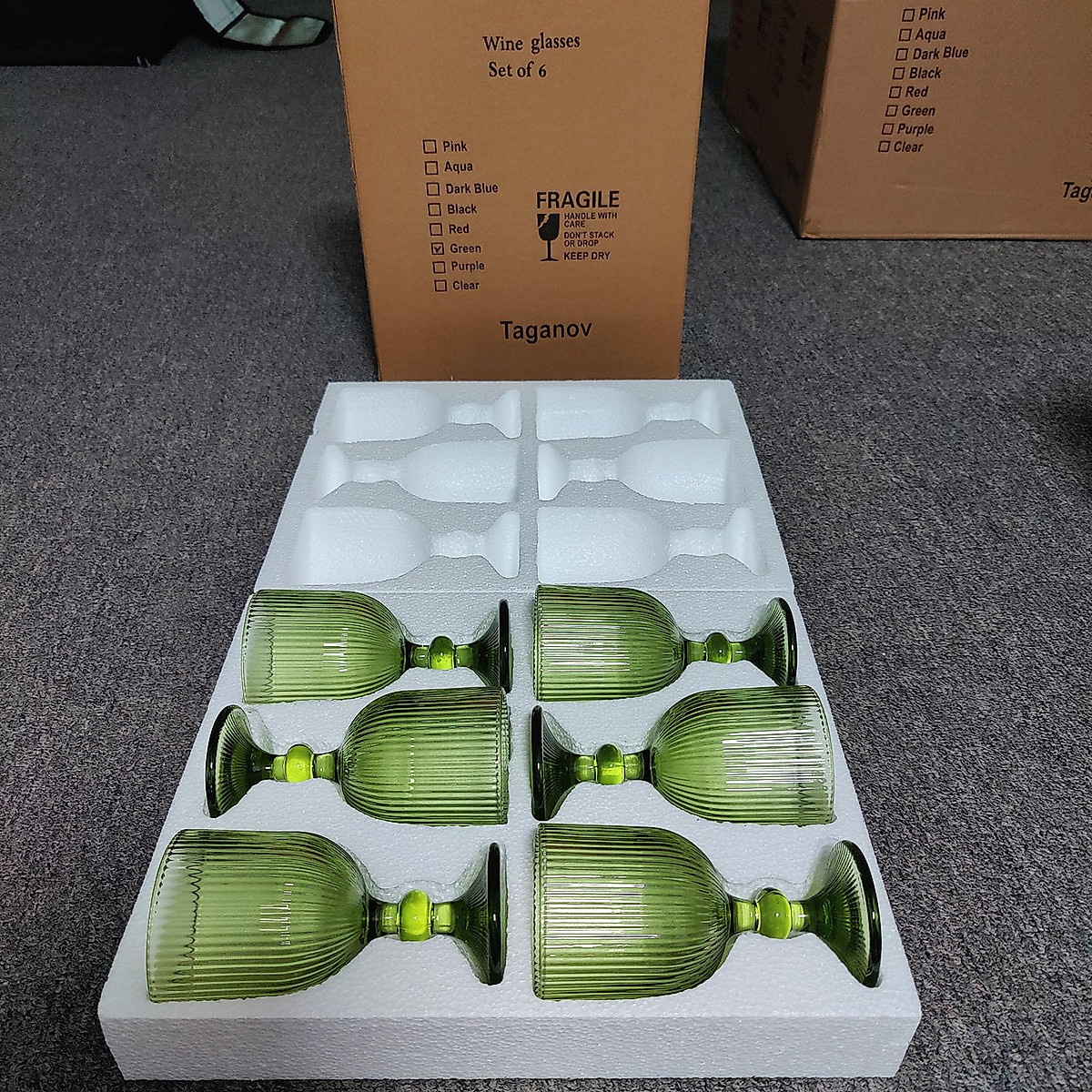 Taganov Green Wine Goblets Set - Elegant 6-Piece Glassware