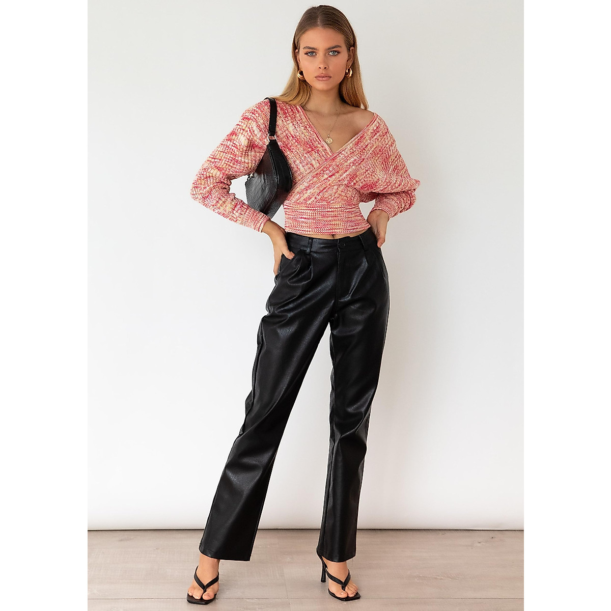 ZAFUL Women's V Neck Crop Knitted Sweater Long Sleeve Color Block Ribbed Jumper Space Dye Pullover