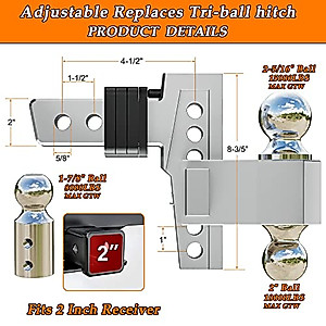 VNN Adjustable Drop Hitch, Tri-Ball(1-7/8'', 2'', 2-5/16'') Adjustable Hitch, Fits 2-Inch Receiver, 6 Inch Drop Hitch, 15000 LBS GTW-Truck Trailer Hitch, Heavy Duty Solid Ball Mount, Silver, VN0003