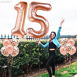 KatchOn, Rose Gold 15 Balloons Number - Giant, 40 Inch | 15 Birthday Balloons with Confetti for Happy 15th Birthday Decorations for Girls | Quinceanera Decorations | 15 Birthday Decorations for Girls