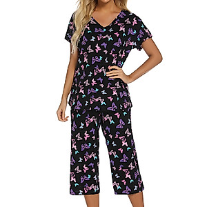 ENJOYNIGHT Women's Pajama Sets Cotton Sleepwear Tops with Capri Pants Summer Pjs (Black Flying, Medium)