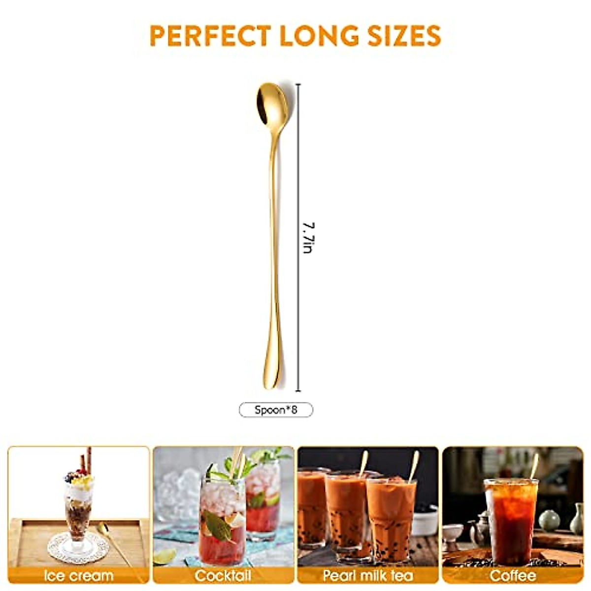 Gold Ice Teaspoons Set of 8 Pieces, 7.7 inch Long Handle Spoon, Stainless Steel Coffee Spoons, Cocktail Mixing Spoons, Mirror Polished Bar Spoon
