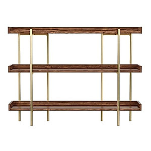 Martha Stewart Emmett 3 Shelf Storage Display Unit Bookcase with Metal, Set of 1, Walnut Wood Grain/Polished Brass Frame