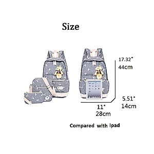 3Pcs Rabbit-Print Girls School Backpack for Elementary Middle Kids Bookbag with Pencil Case