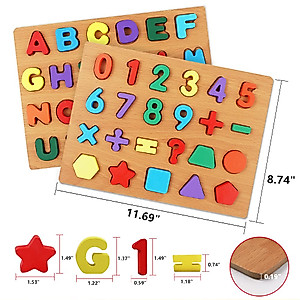 Puzzles for Toddlers, 2 Pack Wooden ABC Alphabet Number Shape Puzzles Toddler Learning Puzzles Toys Ages 1-3, Preschool Educational Toys Gift for Kids Boys Girls 2-4 Years Old