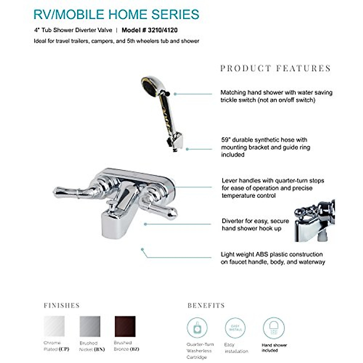 Builders Shoppe 3210BN/4120BN RV/Motorhome Replacement Non-Metallic Two Handle Tub Faucet Valve Diverter with Matching Hand Held Shower Set, Brushed Nickel Finish